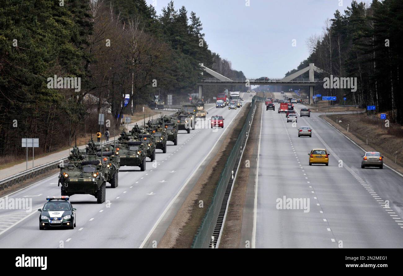 FILE - A Sunday, March 22, 2015 file photo showing Stryker vehicles of ...