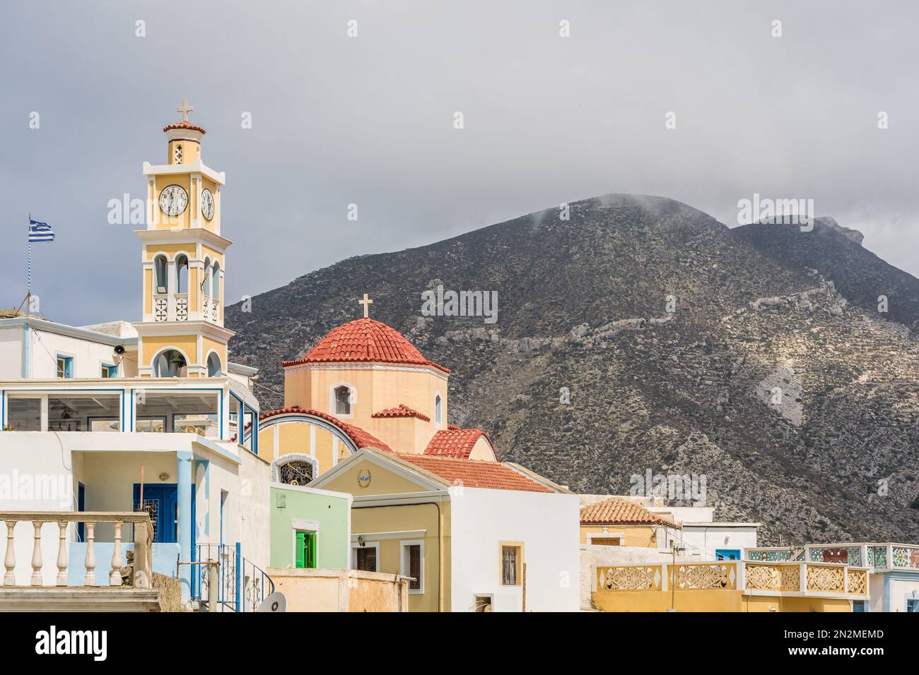 Olympos, Karpathos Island, Greece - August 2022 : Church tower abovethe ...