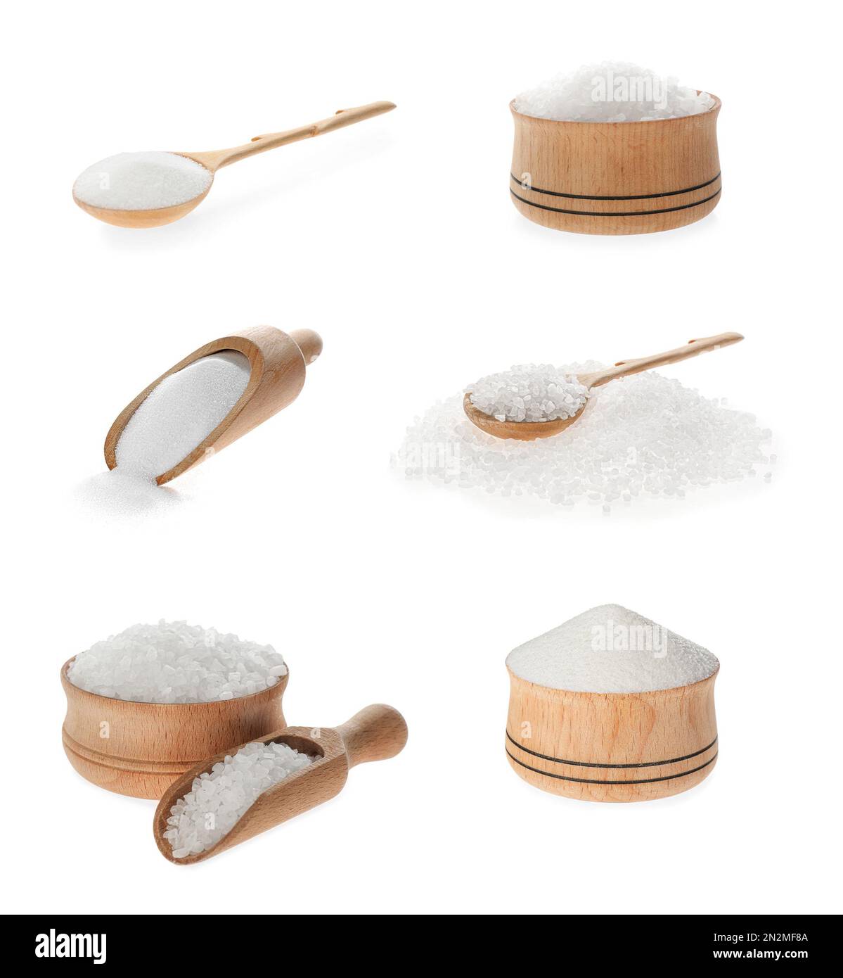 Collage with salt in wooden bowls, spoons and scoops on white ...