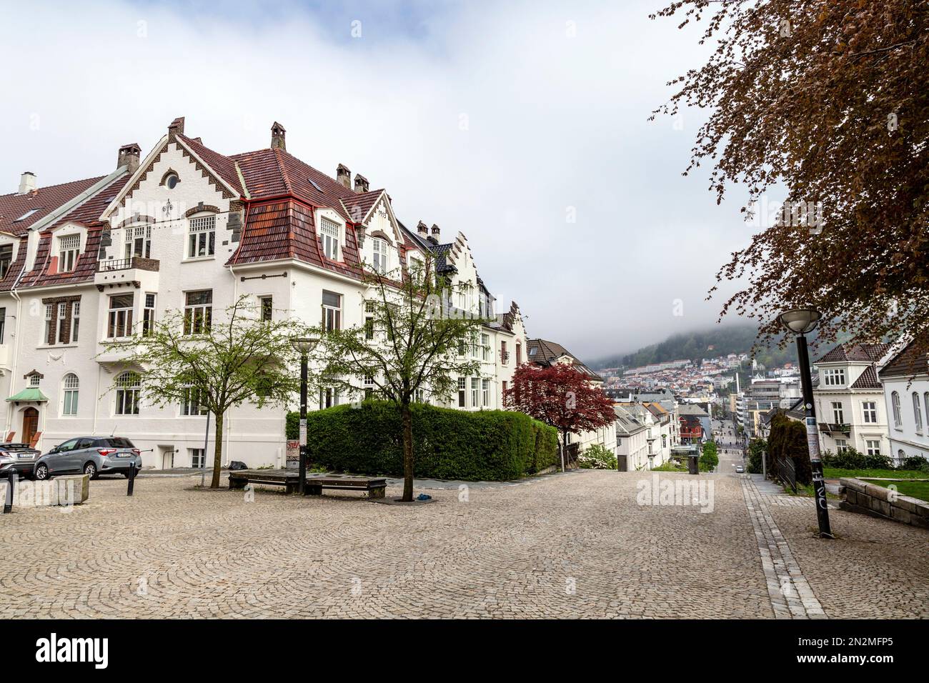 View over Johanneskirketrappene and the city in Sydnes neighbourhood, Bergen, Norway Stock Photo ...