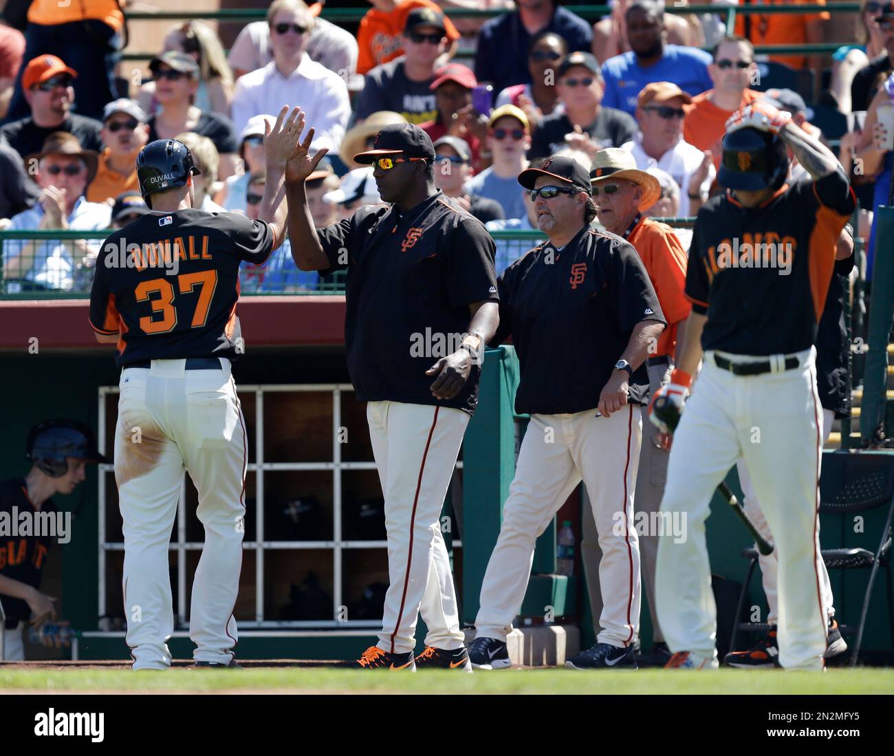 San Francisco Giants' Adam Duvall (37) is congratulated after scoring ...