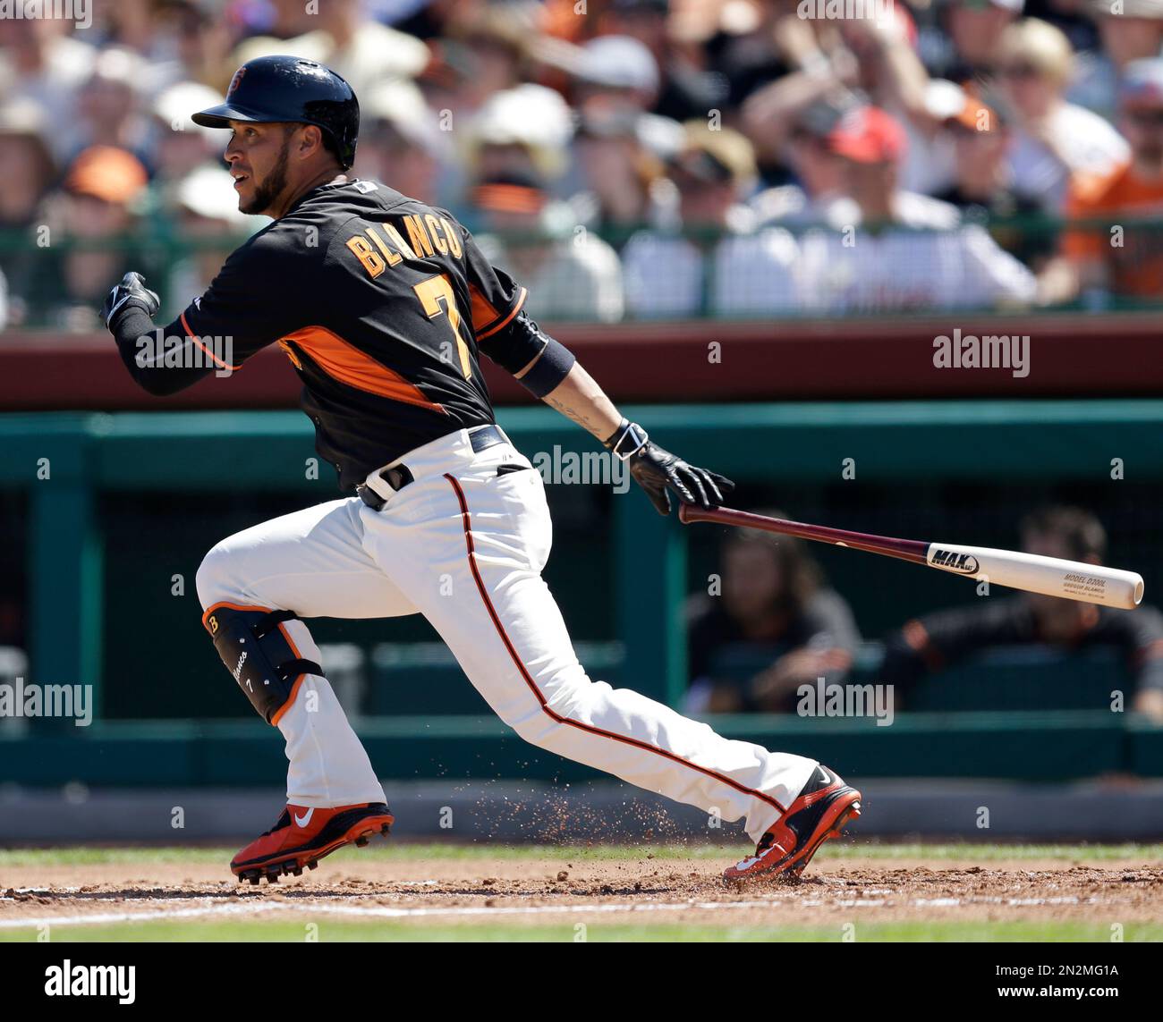 San Francisco Giants' Gregor Blanco swings for an RBI single against ...