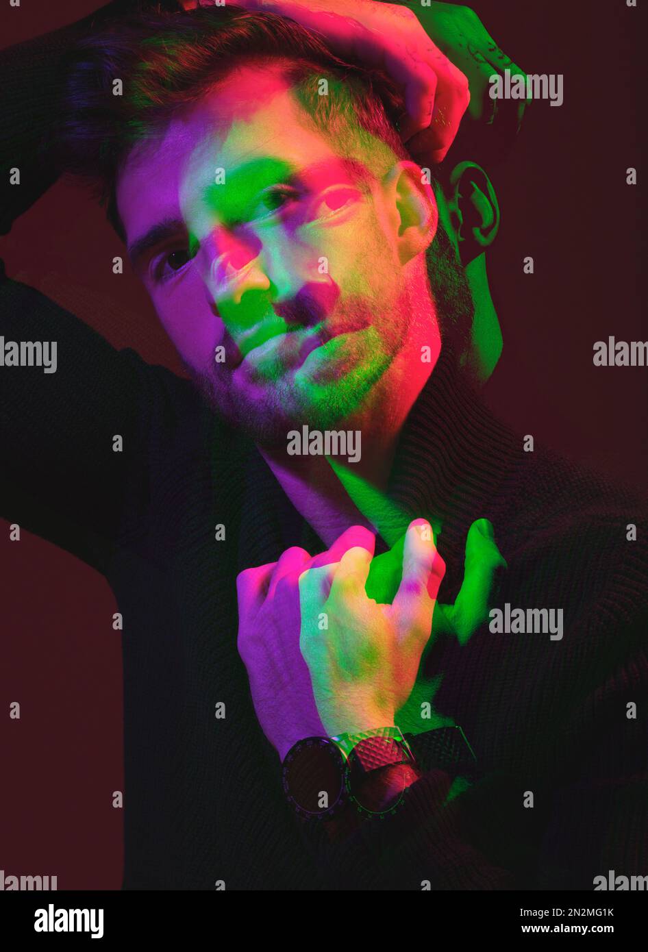 Double exposure, futuristic and portrait of a man in color isolated on ...