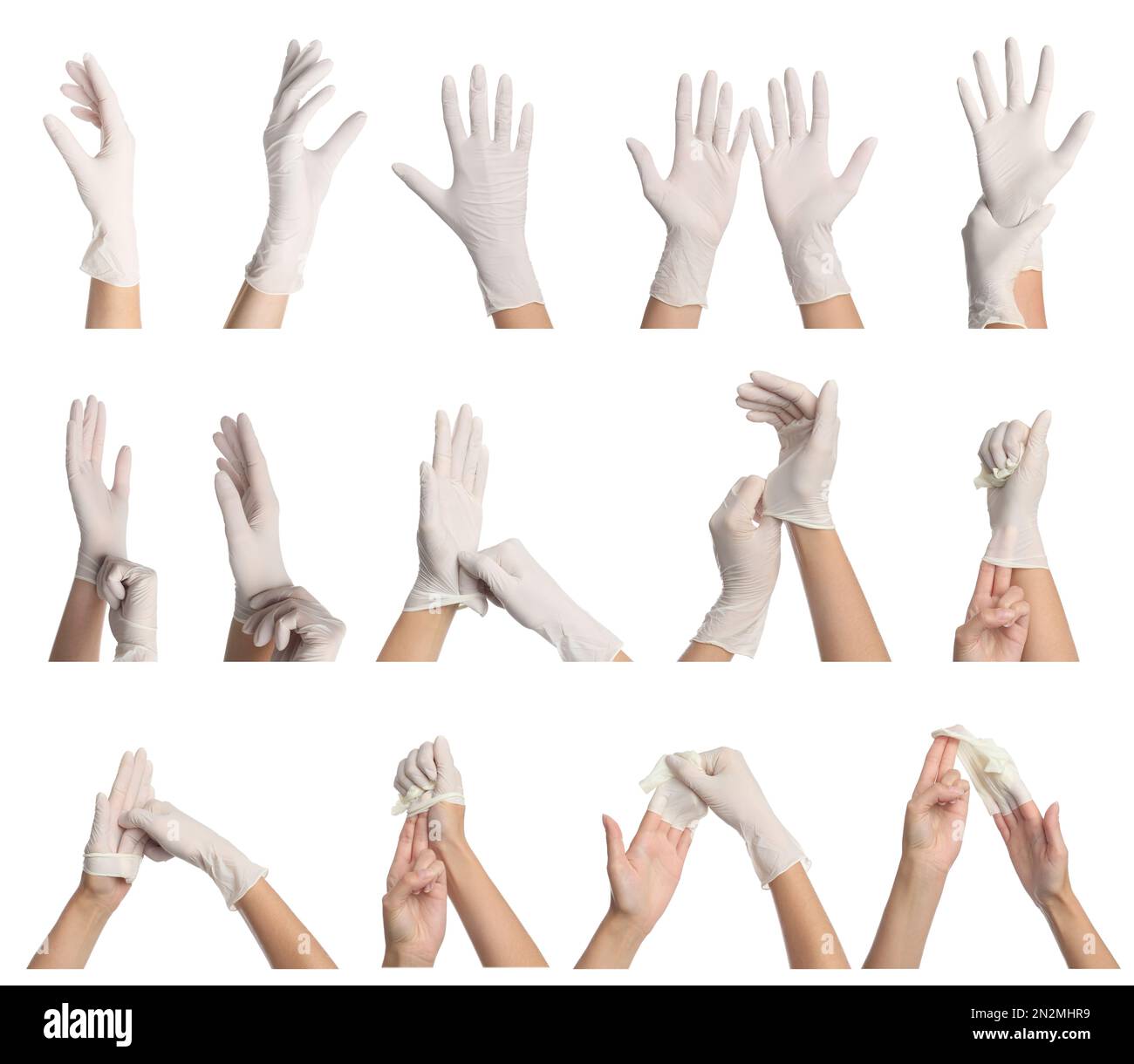 Right way to take off medical gloves. Collage with photos of woman ...