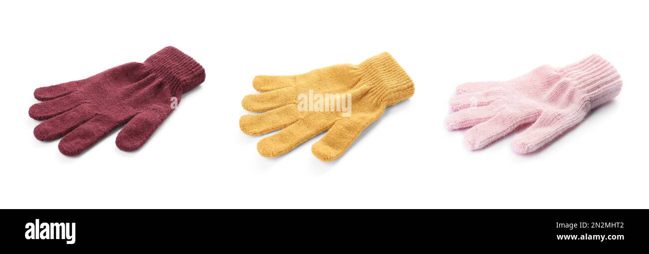 Set of woolen gloves on white background. Banner design Stock Photo - Alamy