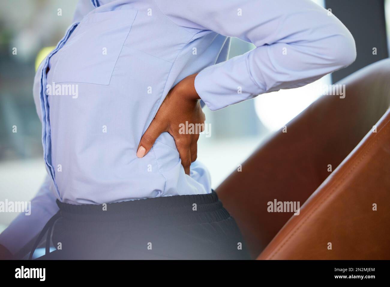 Back pain, stress and business woman with muscle injury, health risk ...