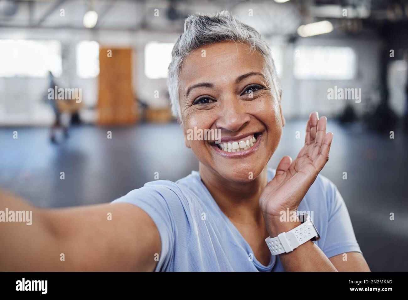 Selfie, gym and fitness senior woman taking picture after exercise ...