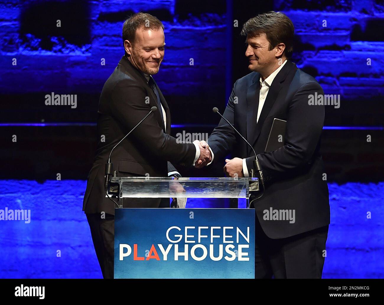 Jason Moore, left, and Nathan Fillion speak at Backstage at the Geffen ...
