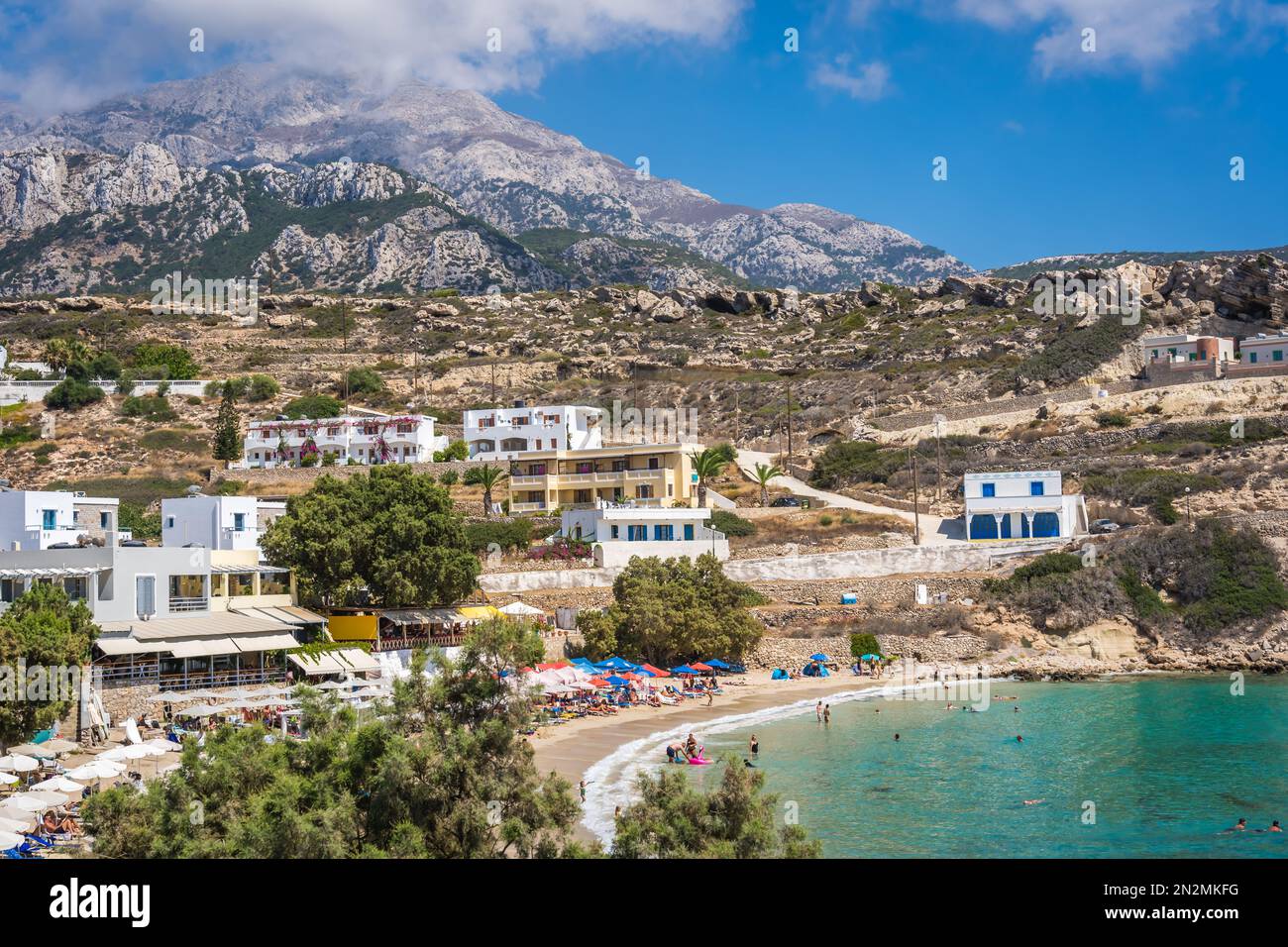 Lefkos Beach, Karpathos, Greece - August 2022 : Hotels and restaurants ...