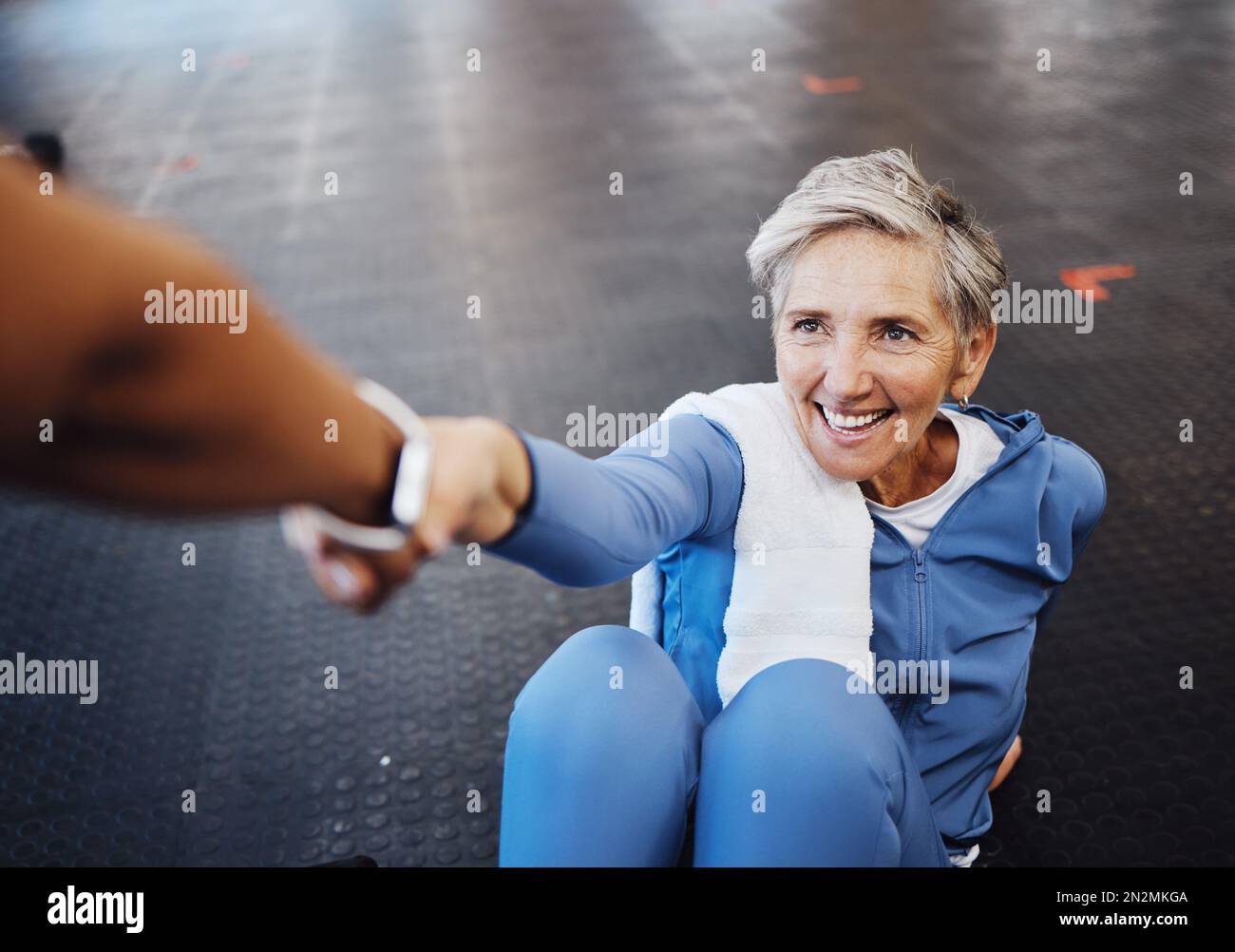 Exercise, helping old woman and fitness with smile, workout and ...