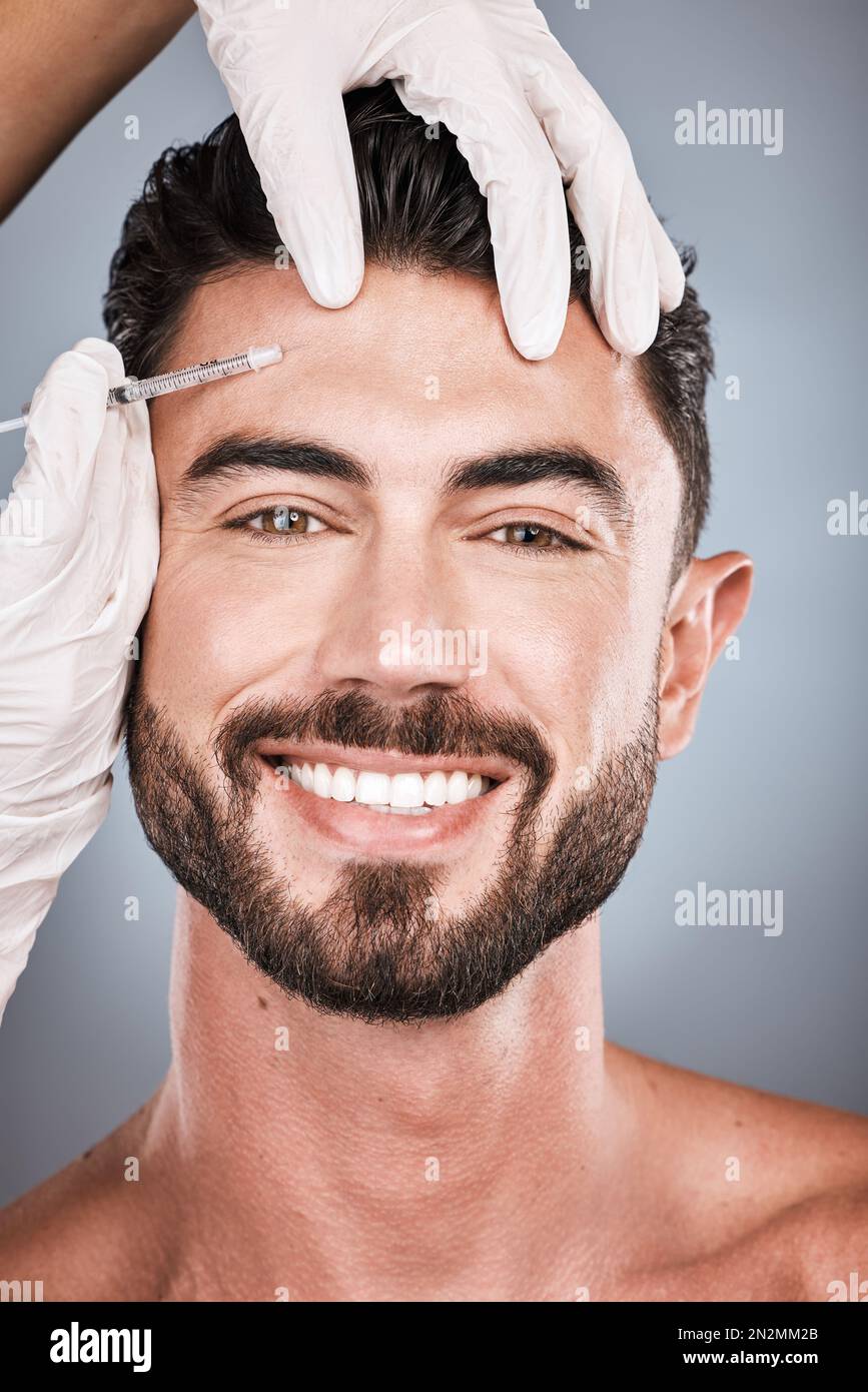 Needle, man and portrait for skincare, beauty and collagen aesthetic in ...