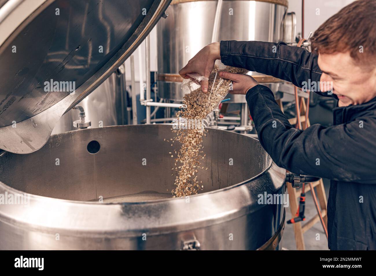 Brewmaster pouring malt seeds Stock Photo - Alamy
