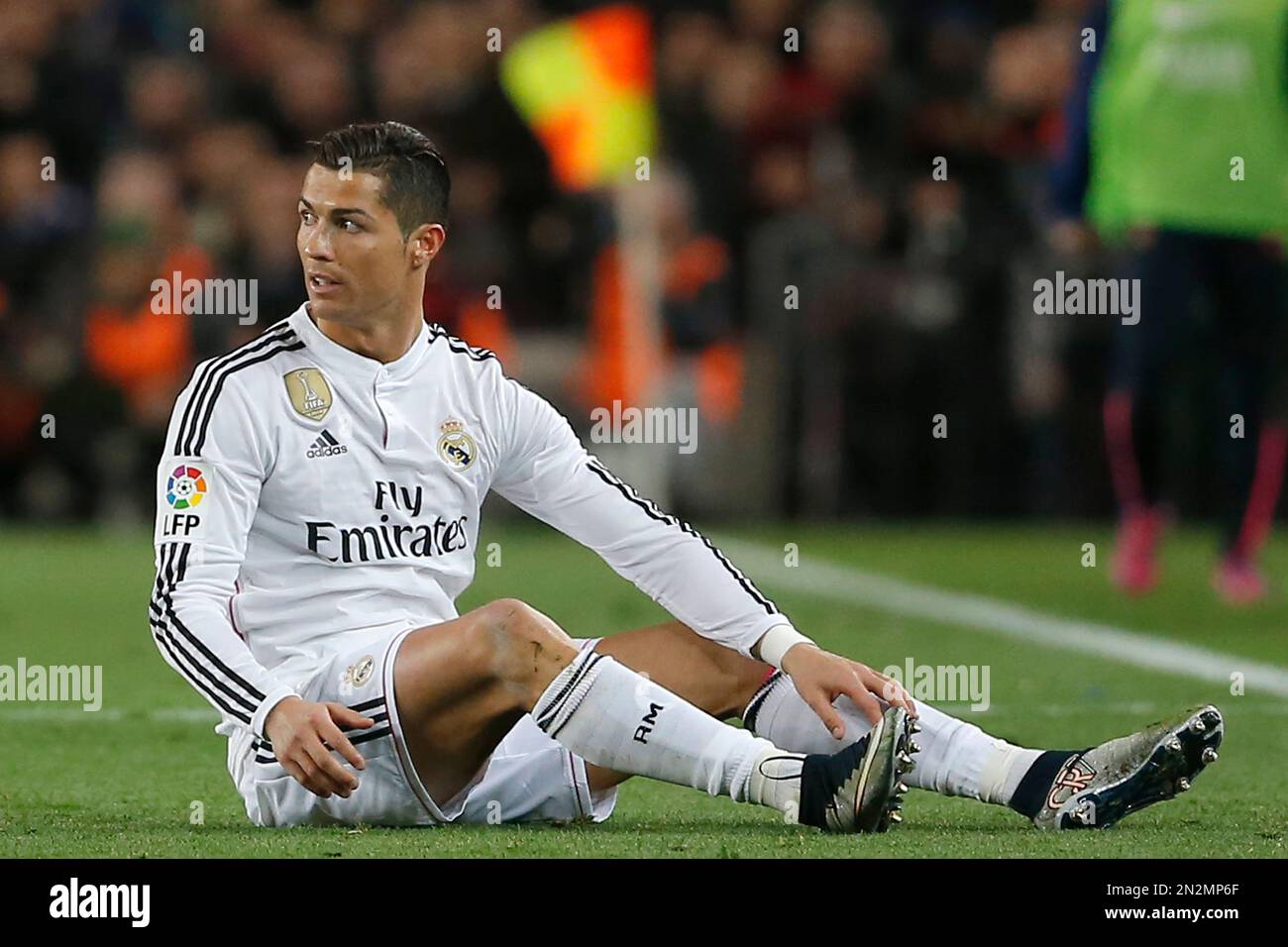 Real Madrid's Cristiano Ronaldo looks back at the referee after being ...