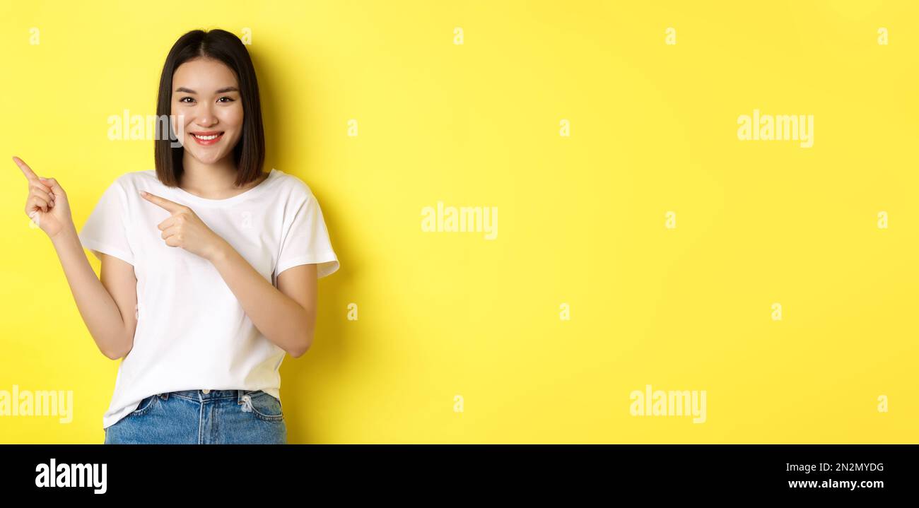 Beauty and fashion concept. Beautiful asian woman in white t-shirt ...