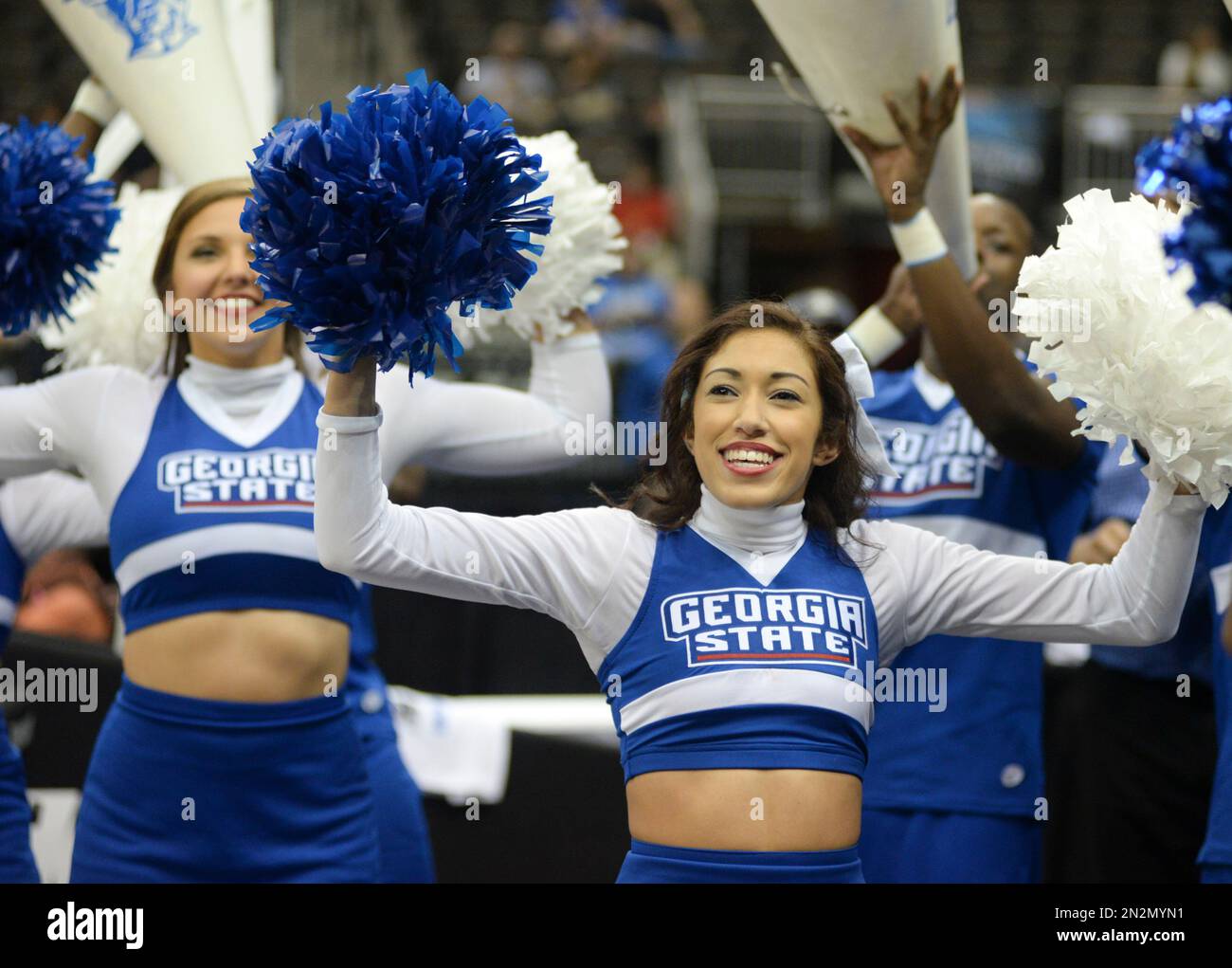 Georgia State cheerleaders cheer before the start of an NCAA tournament ...
