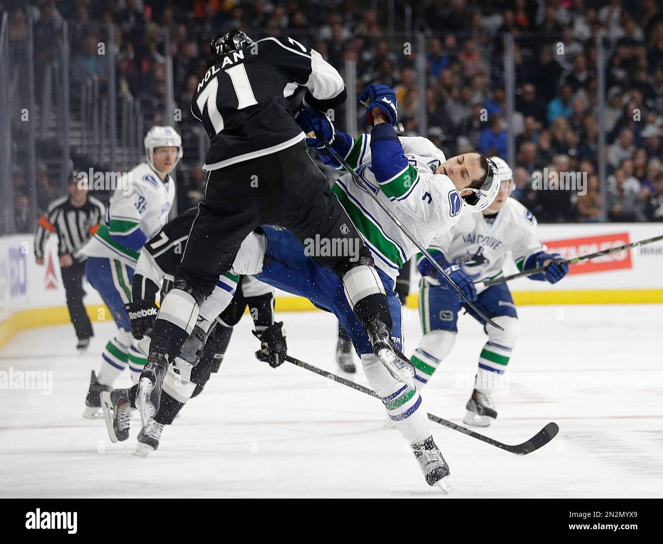 Los Angeles Kings' Jordan Nolan, left, and Vancouver Canucks' Luca ...