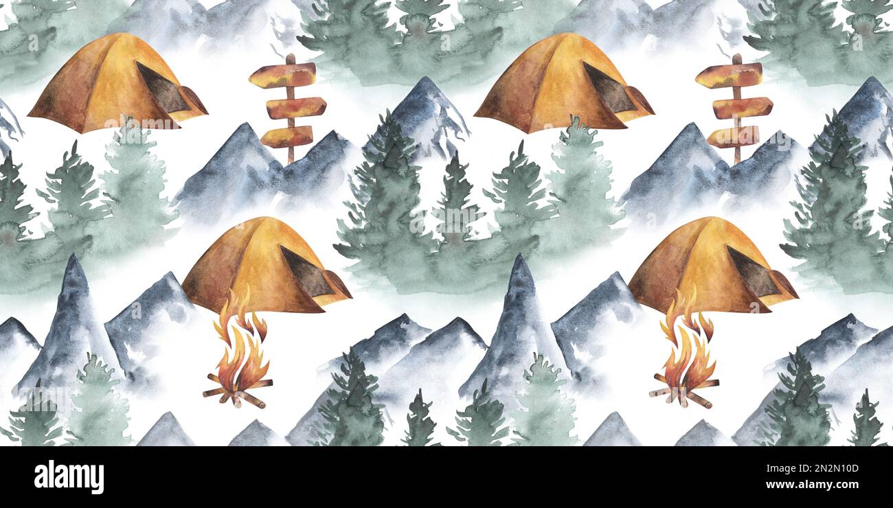 camping digital paper travel seamless pattern landscape mountain ...