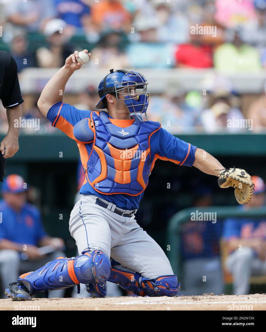 New York Mets catcher Anthony Recker throws to pitcher Steven Matz ...
