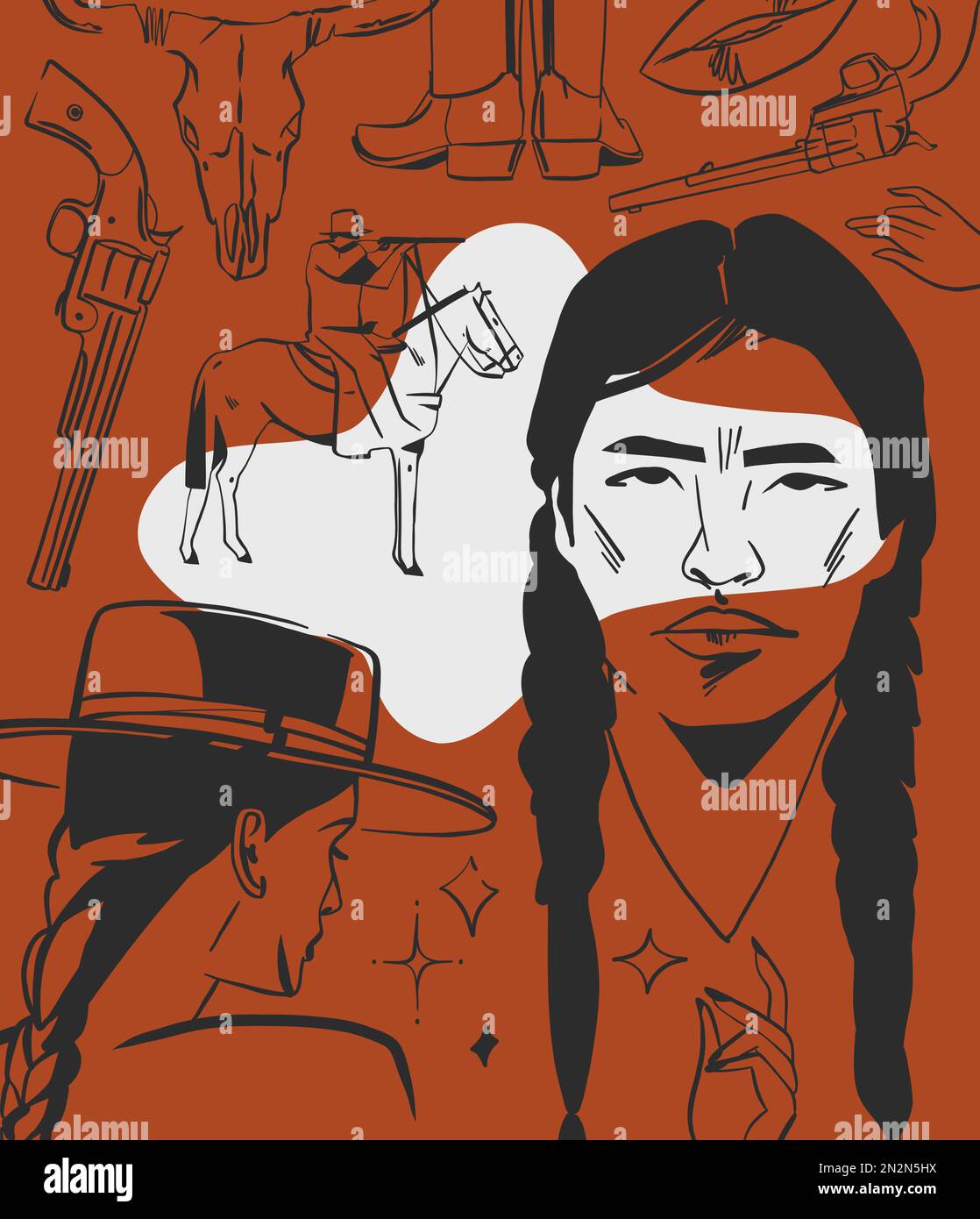 Hand drawn abstract vector graphic clipart illustration boho cowgirls ...
