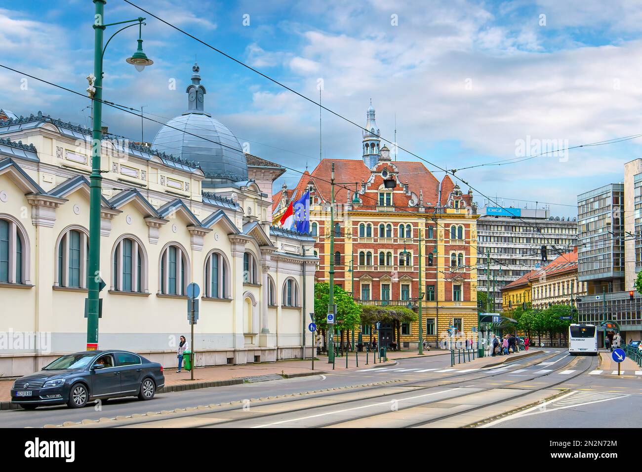 Szeged, Hungary. Front view the facade of beautiful old building with ...