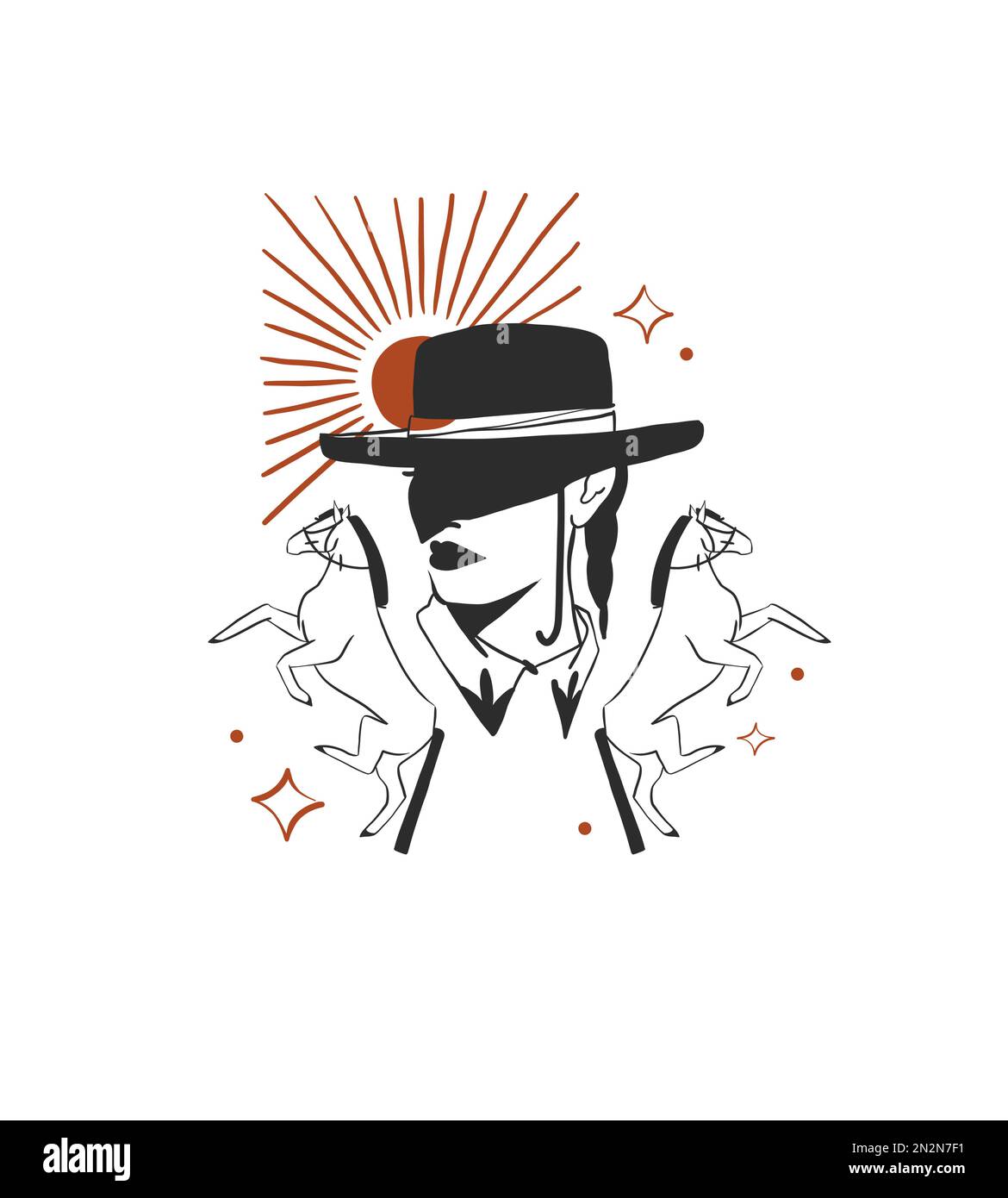 Hand drawn abstract vector graphic clipart illustration boho cowgirl in ...