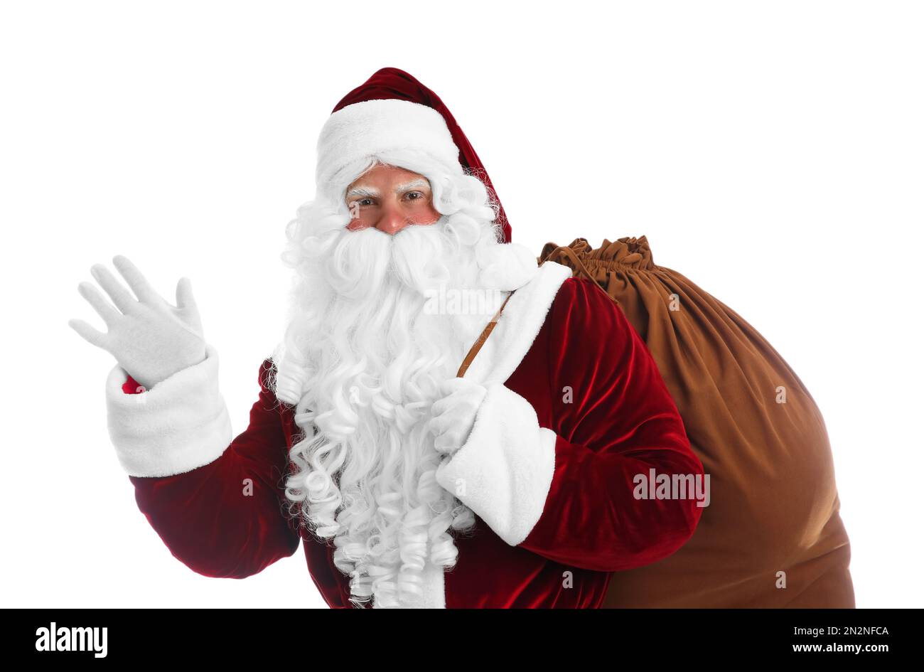 Santa Claus with sack on white background Stock Photo - Alamy
