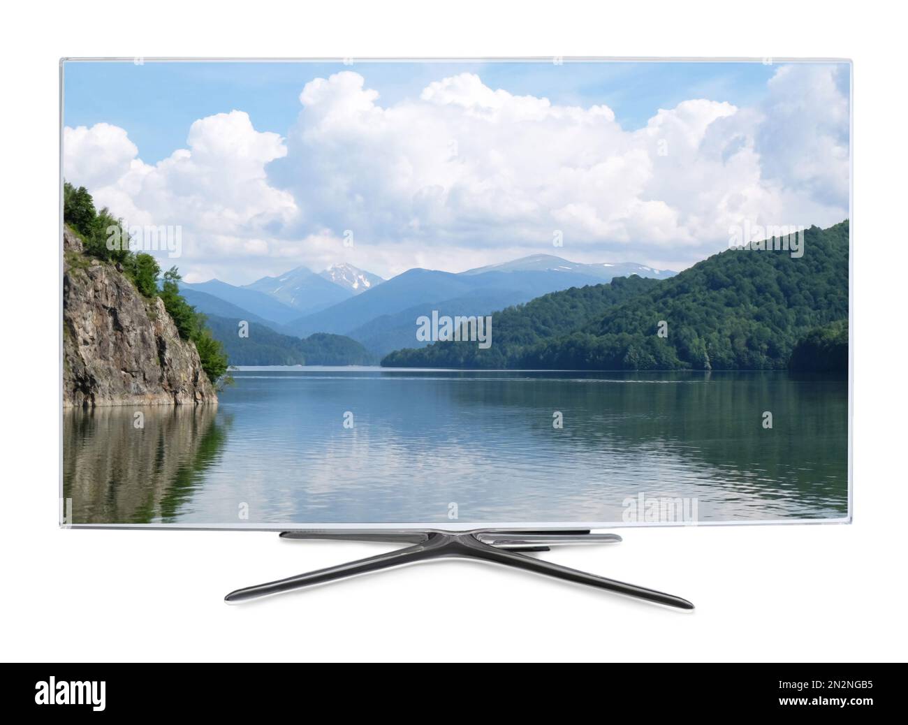 Modern wide screen TV monitor showing beautiful landscape, isolated on ...