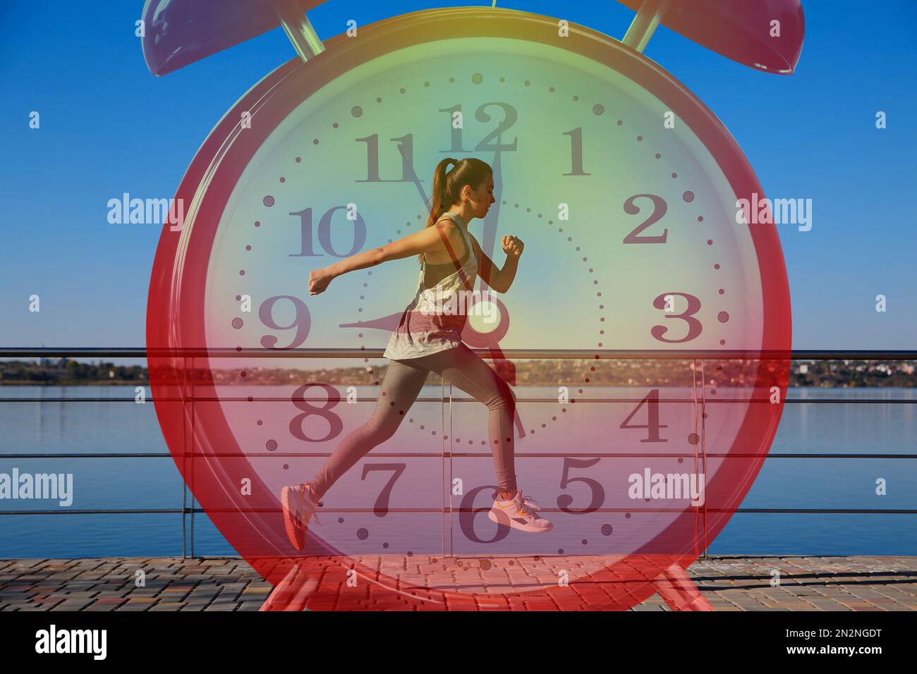 Time to do morning exercises. Double exposure of woman running outdoors ...
