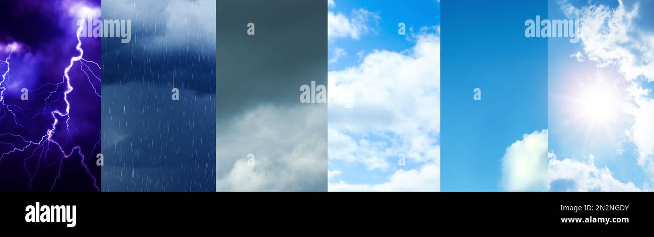 Photos of sky in collage, banner design. Different weather Stock Photo ...