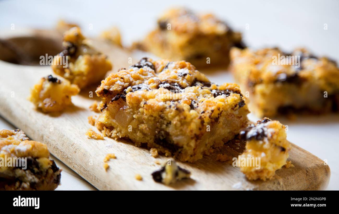 Pear and chocolate crumble.The crumble is a cake with fruits. It is ...