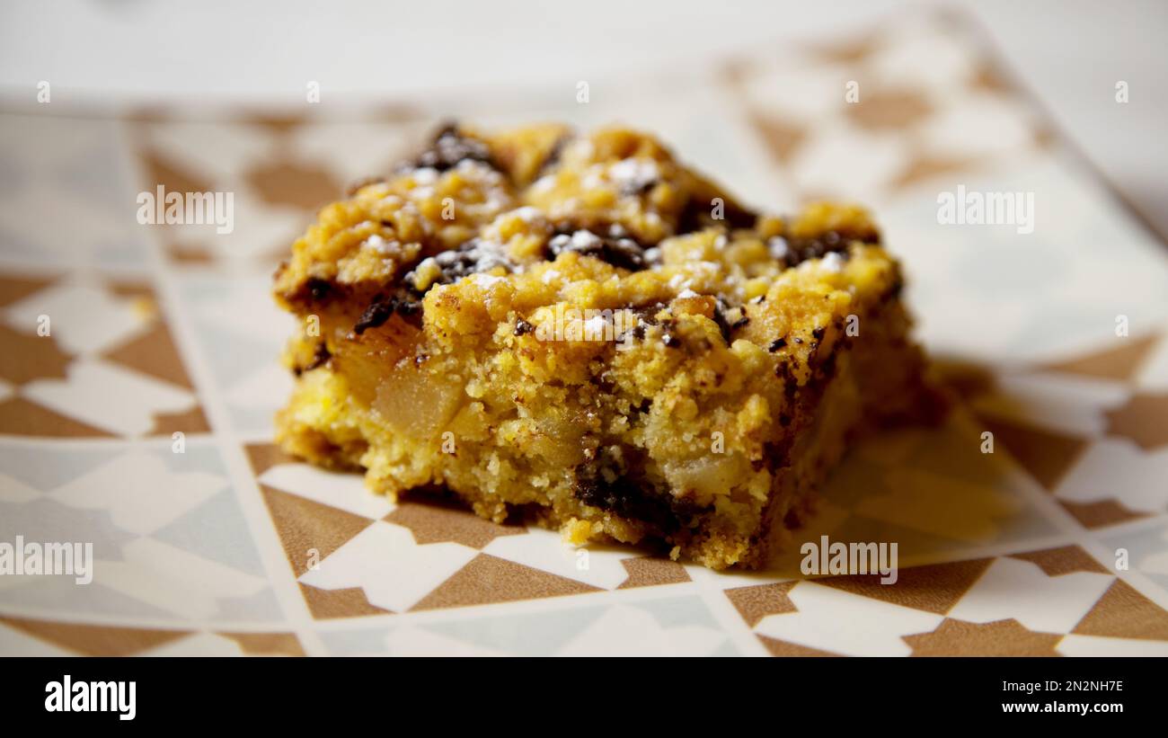 Pear and chocolate crumble.The crumble is a cake with fruits. It is ...