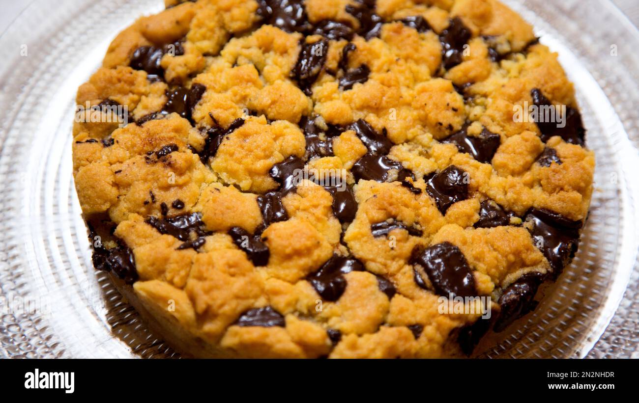 Pear and chocolate crumble.The crumble is a cake with fruits. It is ...