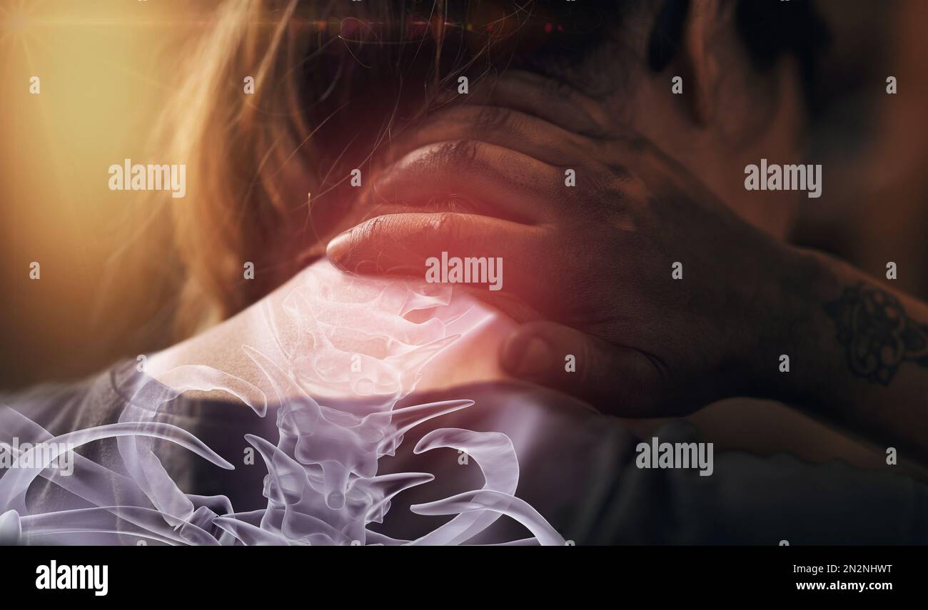 Neck pain, exercise and woman with red highlight, workout accident and ...