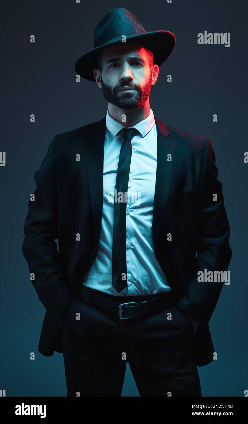 Man portrait, suit or fashion on studio background in secret spy, dark ...