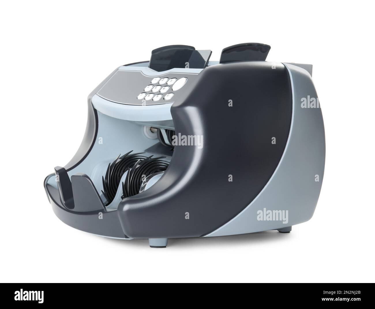 Modern electronic bill counter with money isolated on white Stock Photo ...