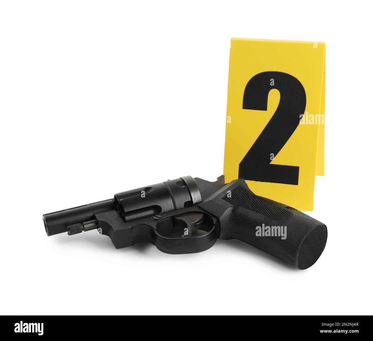 Gun and crime scene marker with number two isolated on white Stock ...