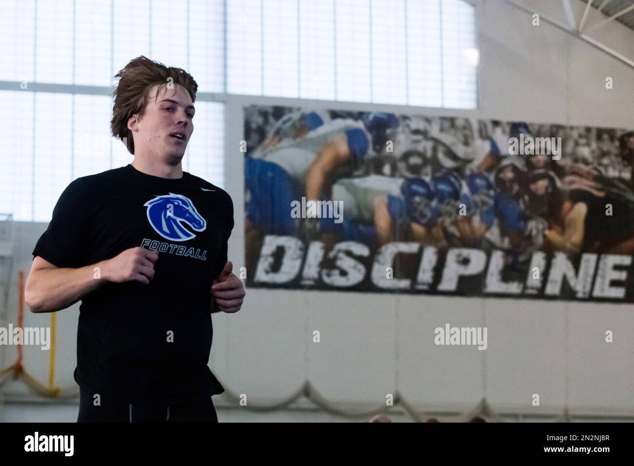 Matt Miller performs a drill during Boise State's NFL football Pro Day ...