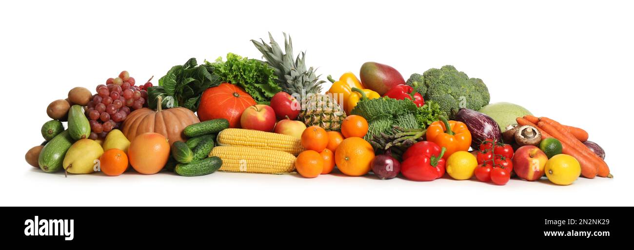 Assortment of fresh organic fruits and vegetables on white background ...