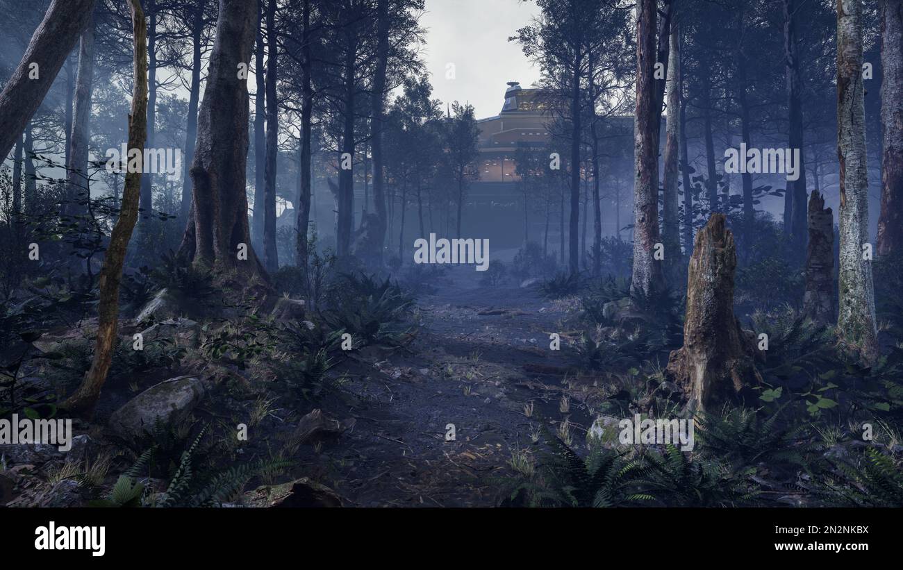 A mysterious spaceship appeared in the spooky path foggy forest ...