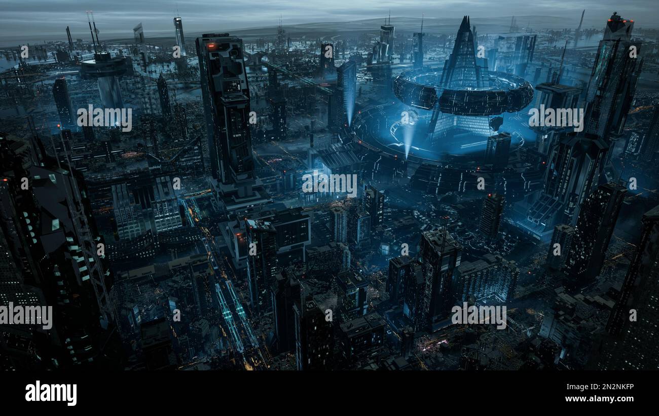 Future city skyline 3D scene. Futuristic cityscape creative concept. skyscrapers, towers, tall ...