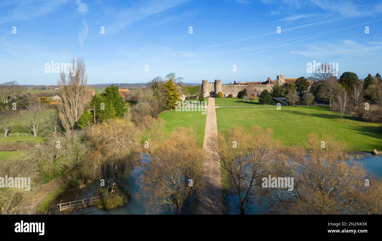 aerial view of the long entrance drive to amberley castle and hotel in ...