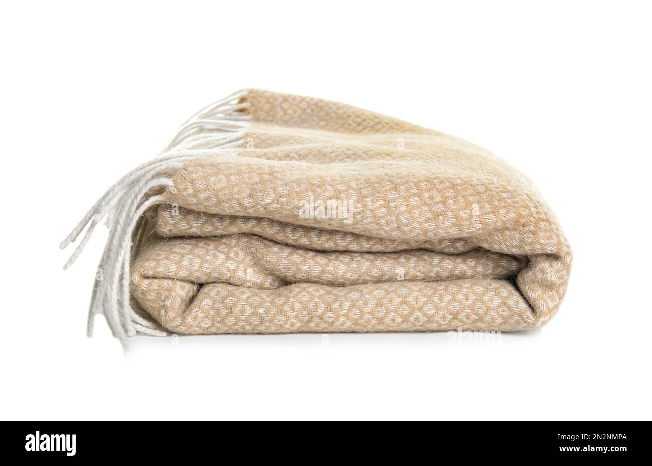 Stylish soft beige plaid on white background Stock Photo - Alamy