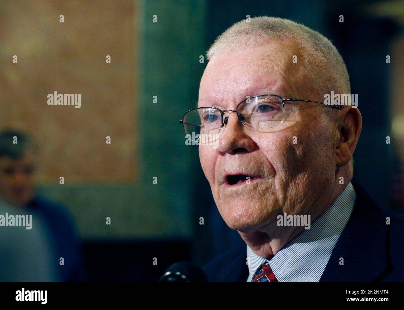 Former astronaut Fred Haise, speaks to reporters after being honored by ...