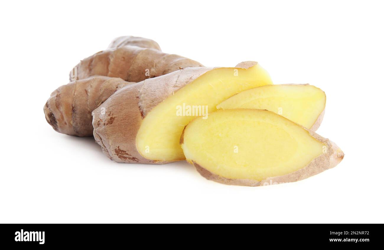 Cut fresh ginger isolated on white background Stock Photo - Alamy