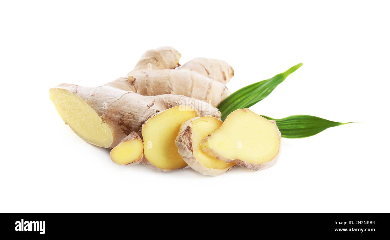Cut fresh ginger with leaves isolated on white background Stock Photo ...