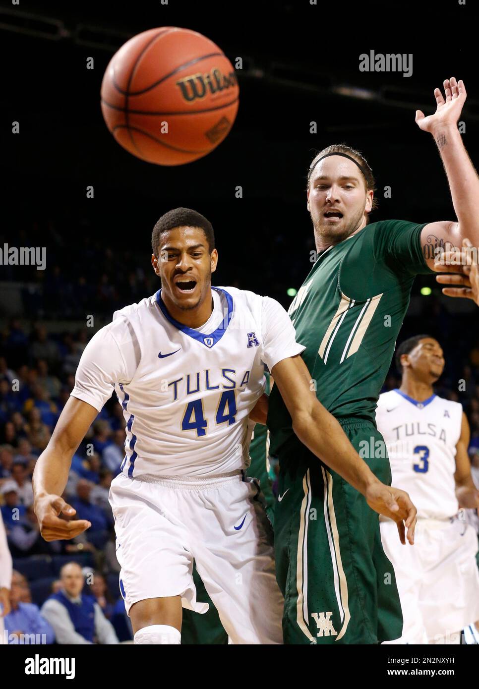 Tulsa forward Brandon Swannegan (44) and William & Mary forward Sean ...