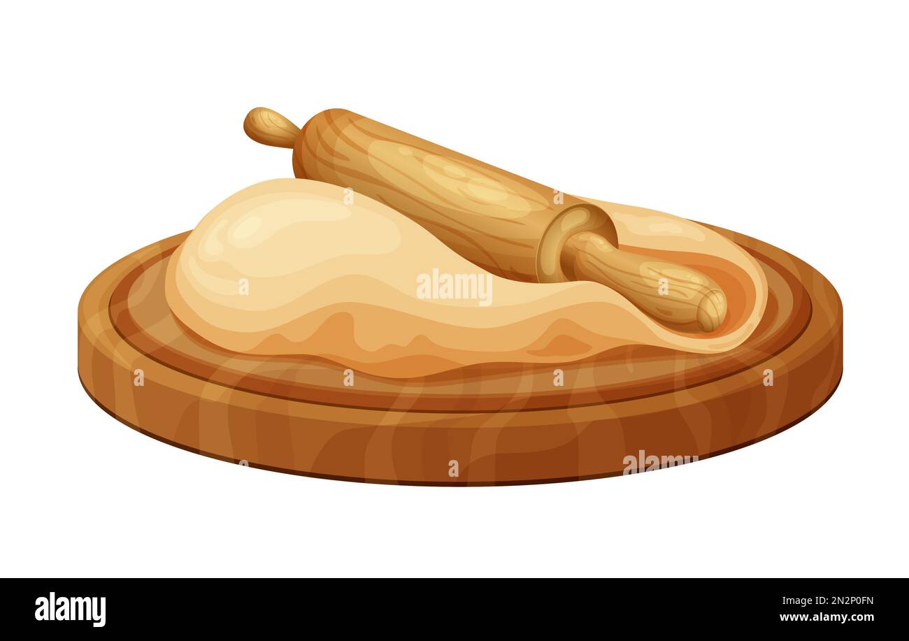 Wooden rolling pin with fresh raw dough for bakind. Cartoon homemade ...