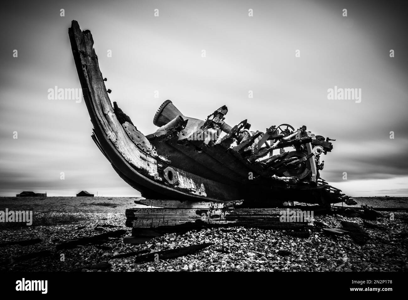 Beautiful old wooden fishing boats, abandoned on the shale beach at ...