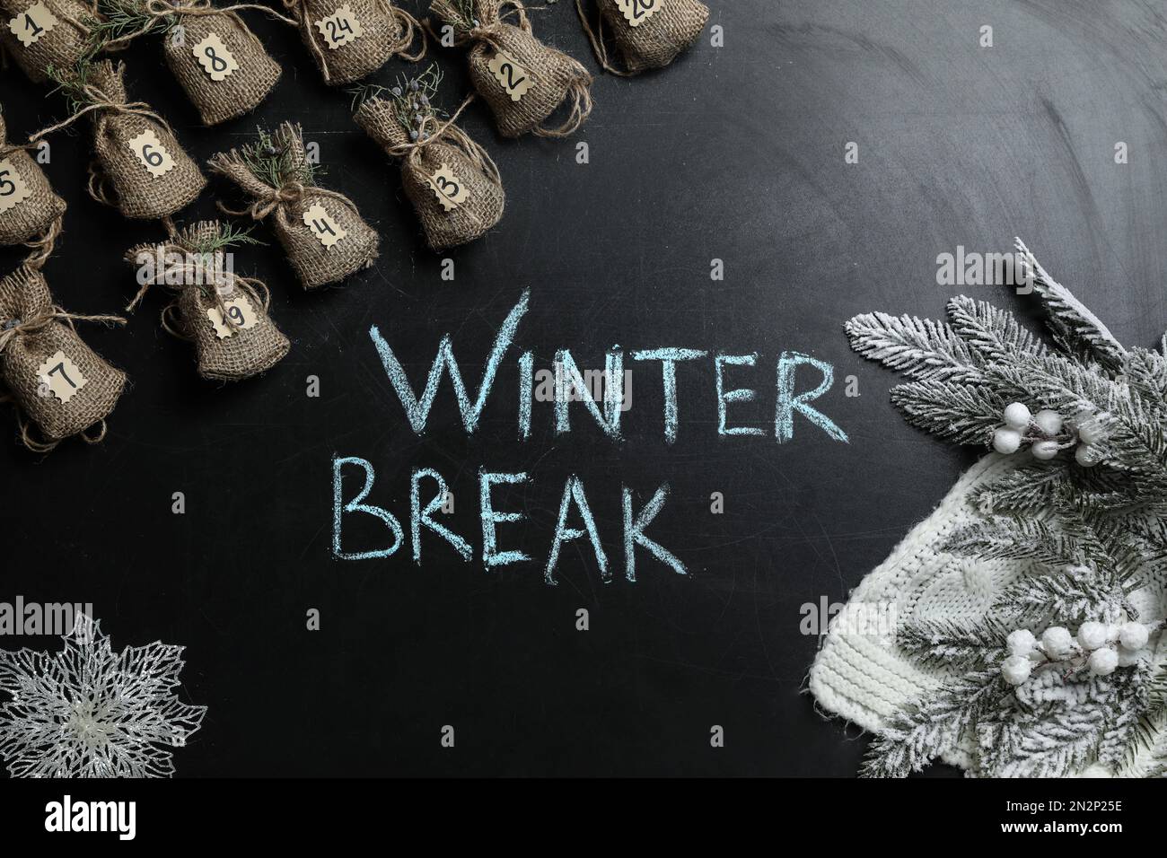 Flat lay composition of Christmas decorations and advent calendar on ...