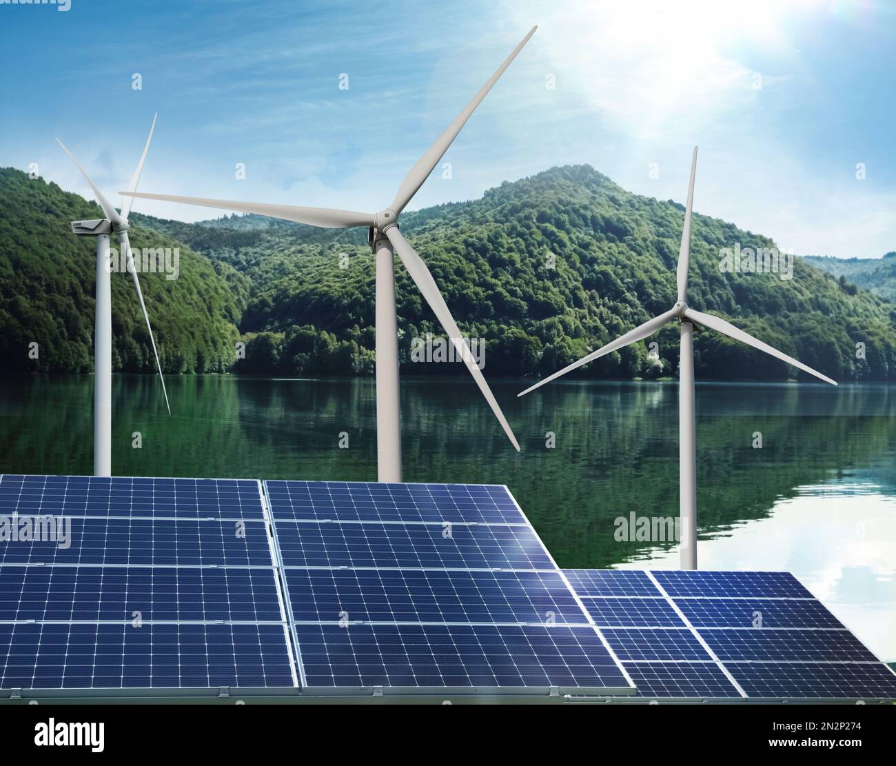 Alternative energy sources. Wind turbines installed in water, solar ...